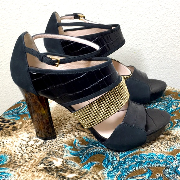 Escada | Shoes | New Escada 375 Black Croc Suede Gold Beaded Tortoise ...